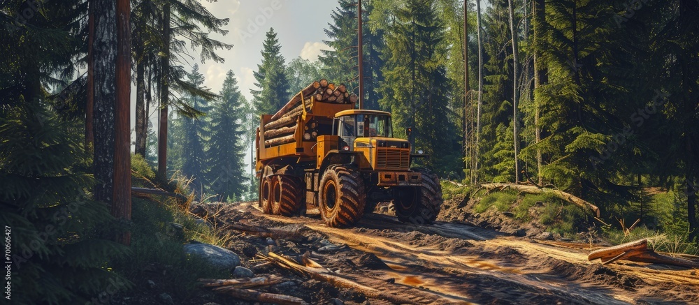 Crane forwarder machine during clearing of forested land Wheeled ...