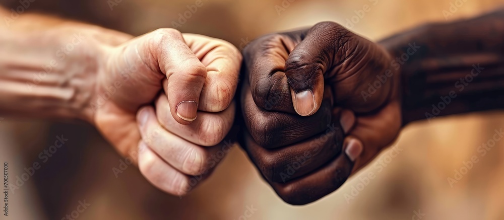 Closeup photo of two arms different race skin colors multinational friends antiracism issue help ...