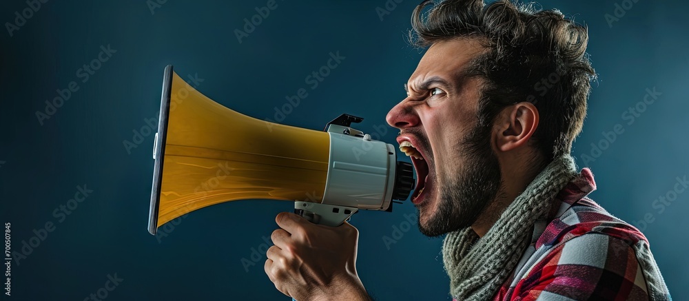 Crazy fan loss goal bet Angry mad man scream megaphone bullhorn ...