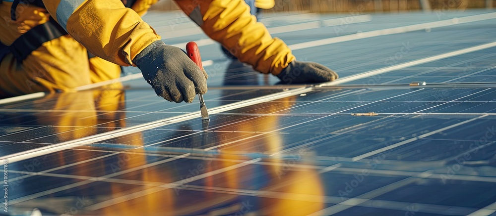 Male engineering teams install solar panels at solar power generating ...