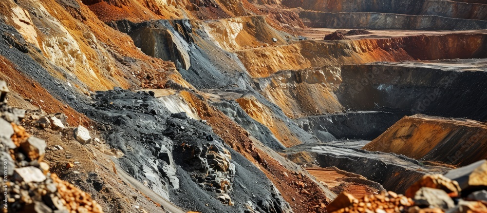Large open pit iron ore mine showing the various layers of soil and ...