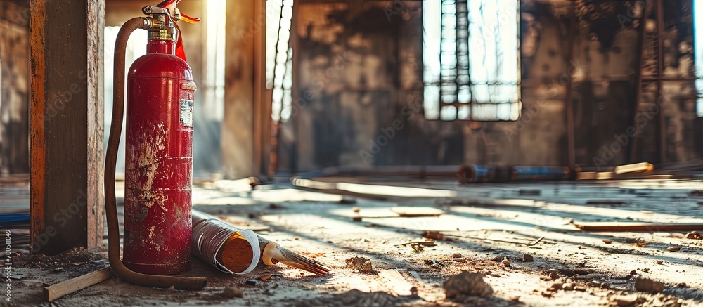 A small red fire extinguisher at a construction site Fire extinguishing ...