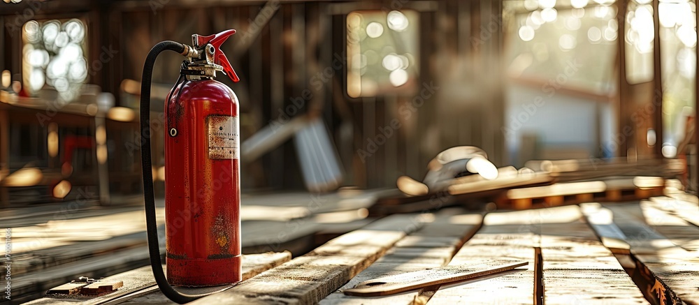 A small red fire extinguisher at a construction site Fire extinguishing ...