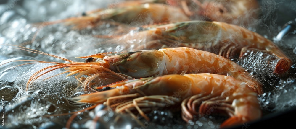 Freezing white farmed shrimp in a tank of frozen water at a seafood ...