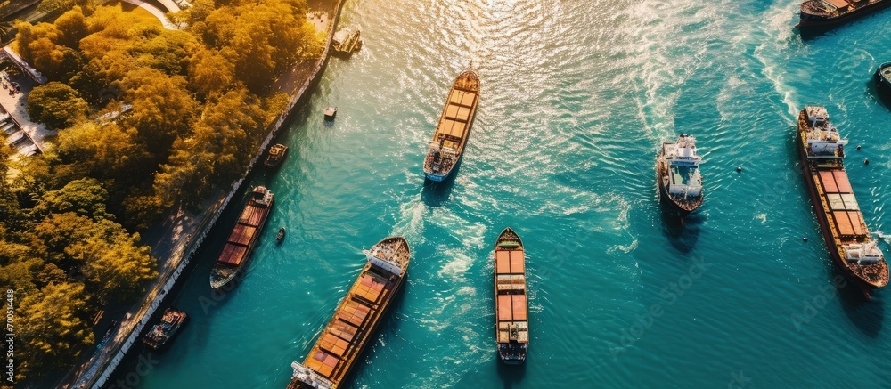 Bird eye of Landscape from bird view of Cargo ships entering one of the ...