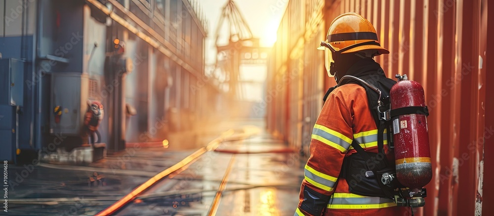 Firefighter putting out fire training station extinguisher backdraft ...
