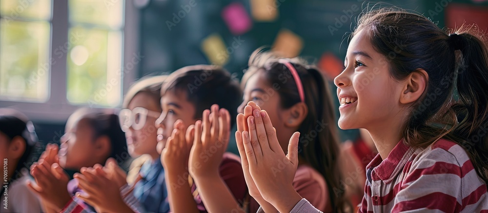 Happy teacher and children playing games and having fun in class ...