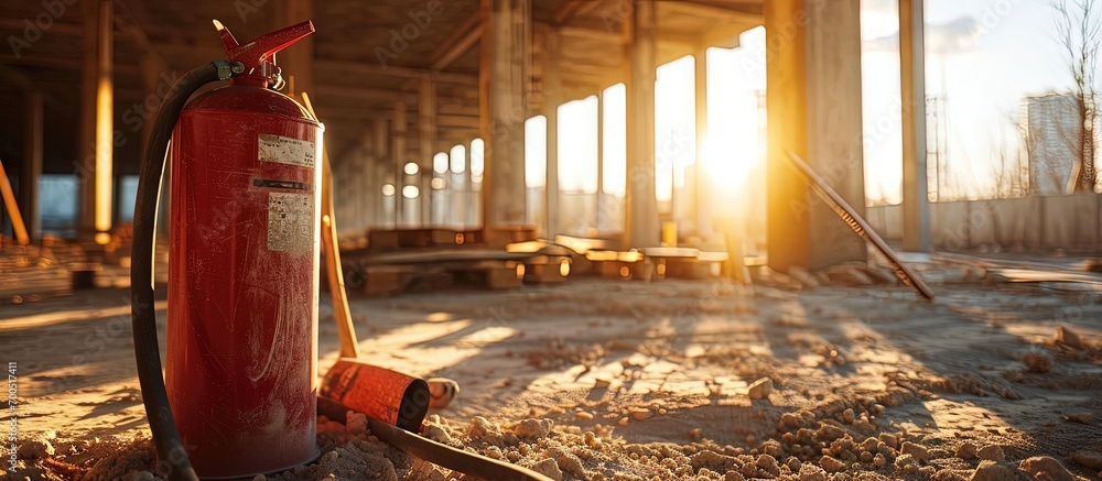 A small red fire extinguisher at a construction site Fire extinguishing ...