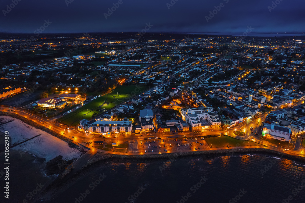 Aerial view on Salthill area of Galway city, Ireland. Night scene with ...