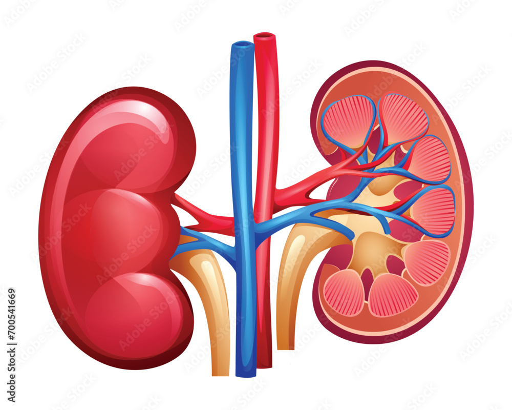 Human kidneys whole and half cut. Urinary system. Anatomy of internal ...