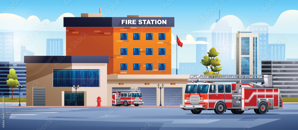 Fire station building with fire trucks on cityscape background. Fire ...