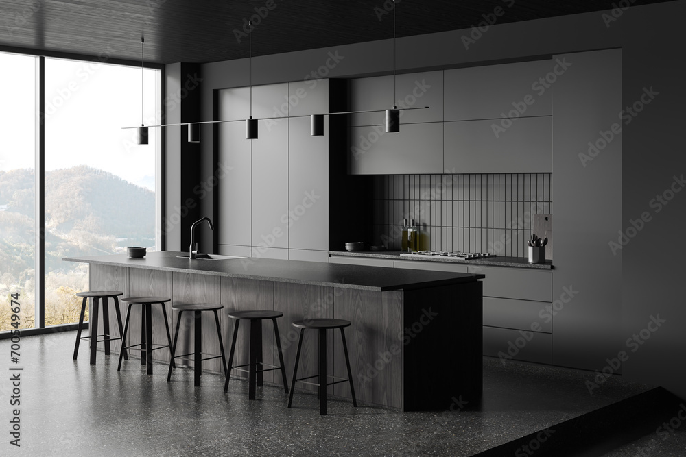 Corner view of kitchen interior with bar counter and cabinet, panoramic ...