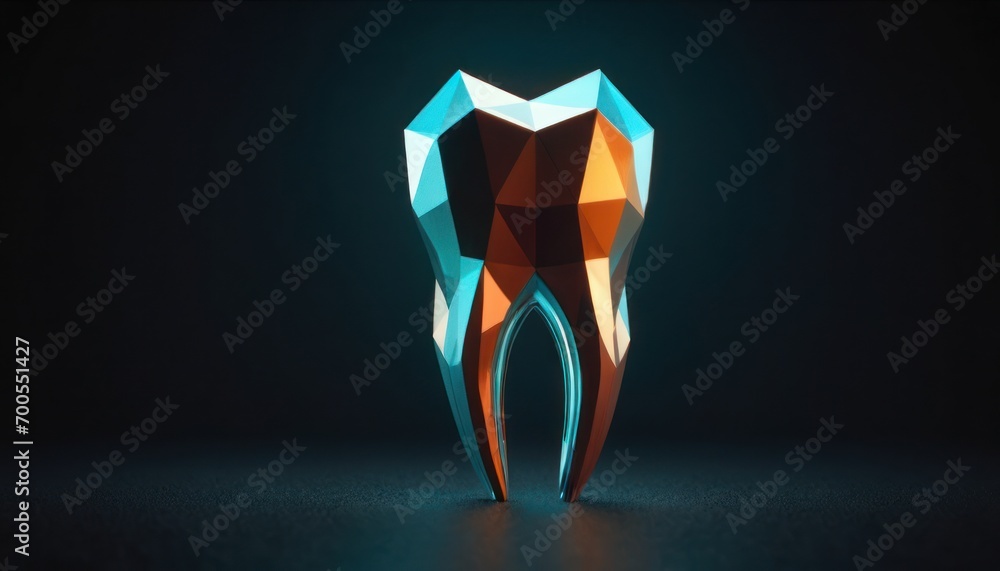 a low polygonal image of a tooth in blue, orange, and brown colors with ...