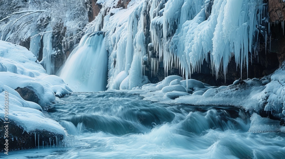 Icy Waterfall, dramatic scene of a partially frozen waterfall with icicles hanging from the ...