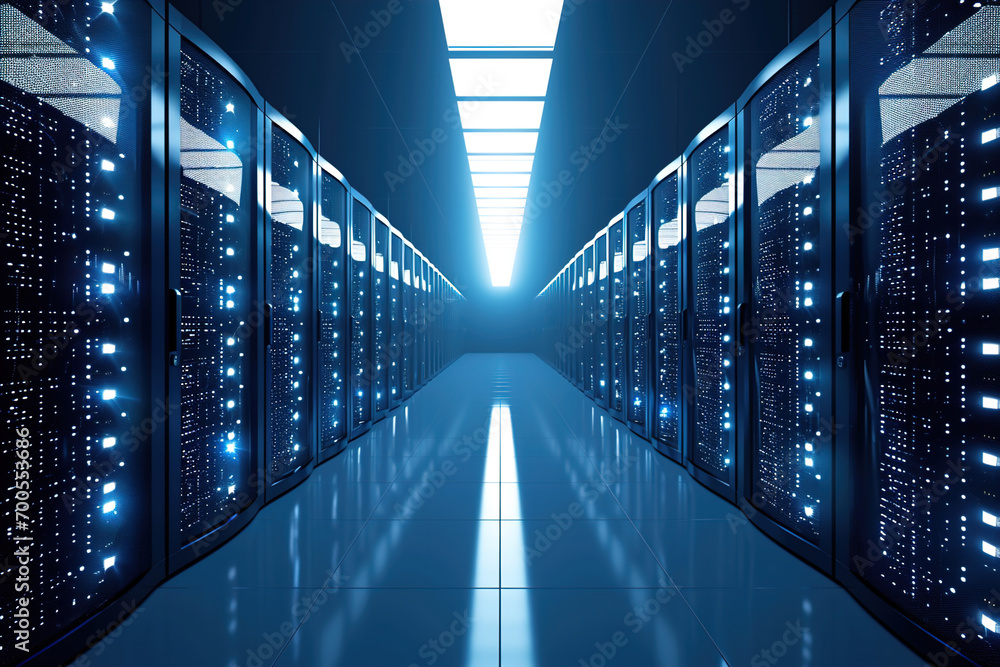 Hall with super computer of the future. Many computer units connected ...