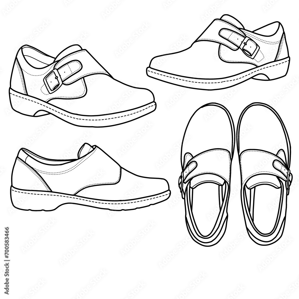 Women's loafer shoes. Flat sketch loafer shoes, front, side, and top ...