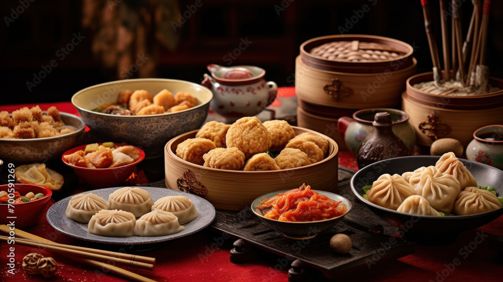 Accessories of Traditional Chinese lunar New Year dinner table, menu ...