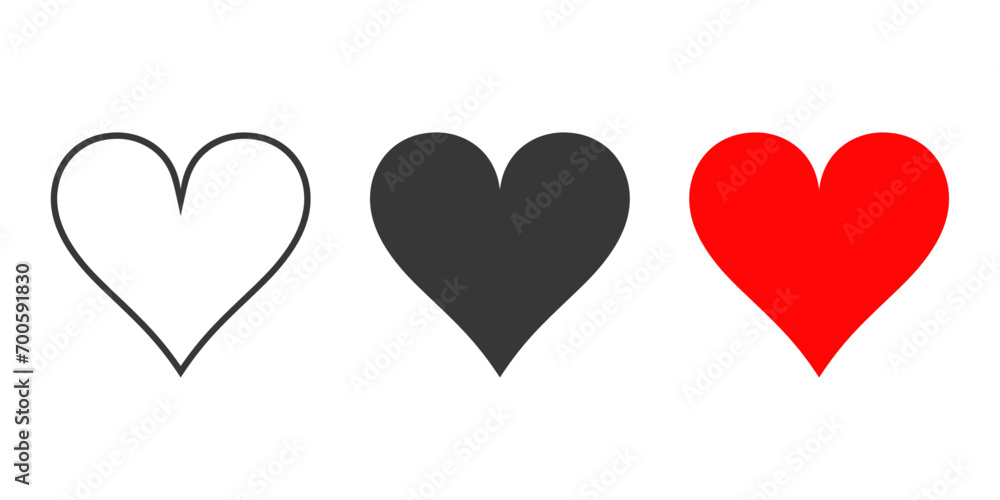 Heart icon set. Red, black, and outline heart icons. Love icon set ...