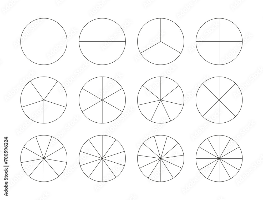 Segmented charts. Pizza, pie chart template. Segments infographic icons. Many number of sectors ...