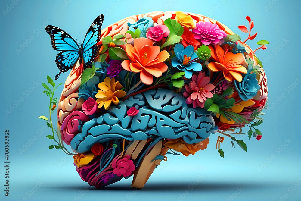 Ai generates blooming flowers and butterflies in the human brain. Stock ...