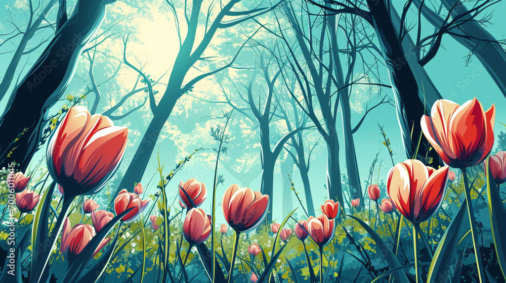 Pop art spring template. Blooming buds in the forest. Colorful ...