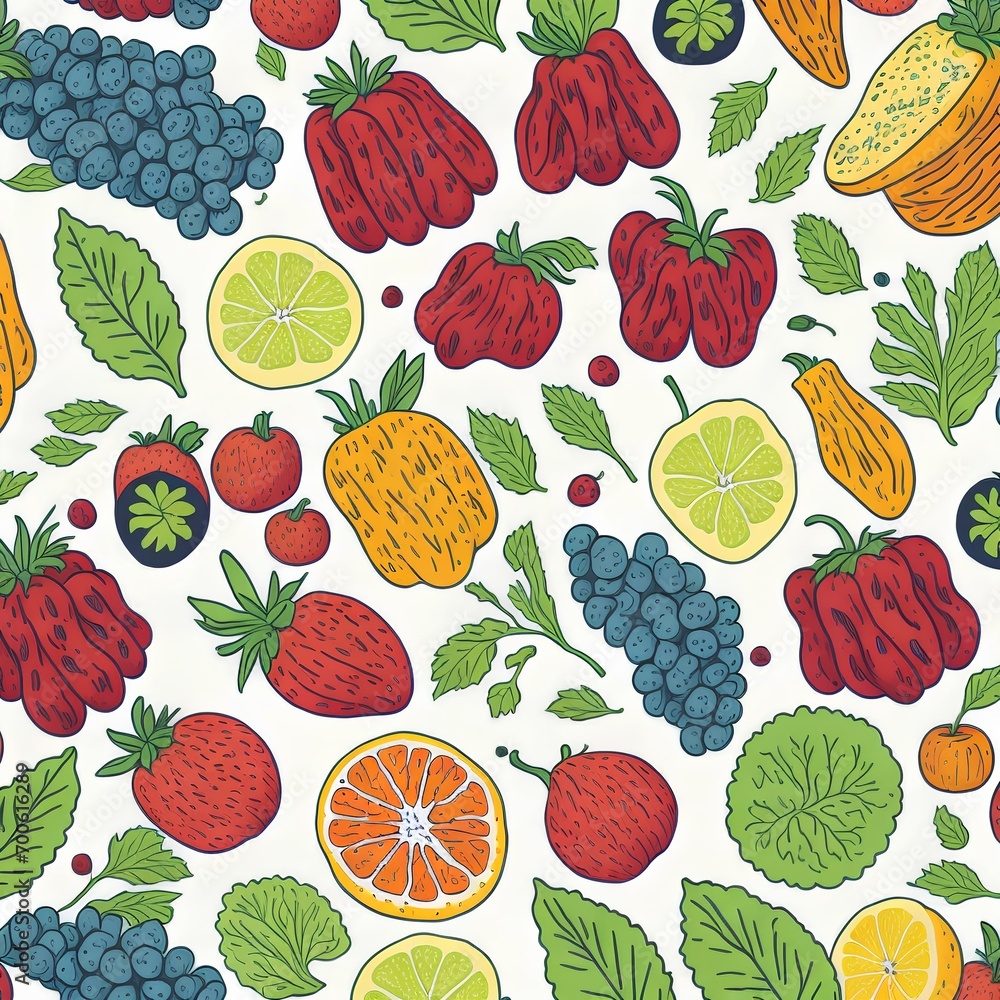 Seamless fruit and veggie sketch pattern: Vibrant food-themed vector ...