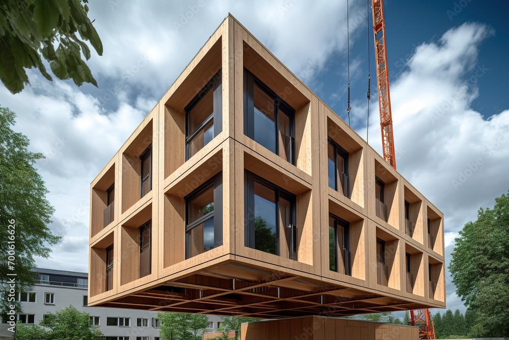 Modulbau Haus - Holzmodule werden angeliefert mit dem Kran auf einer ...