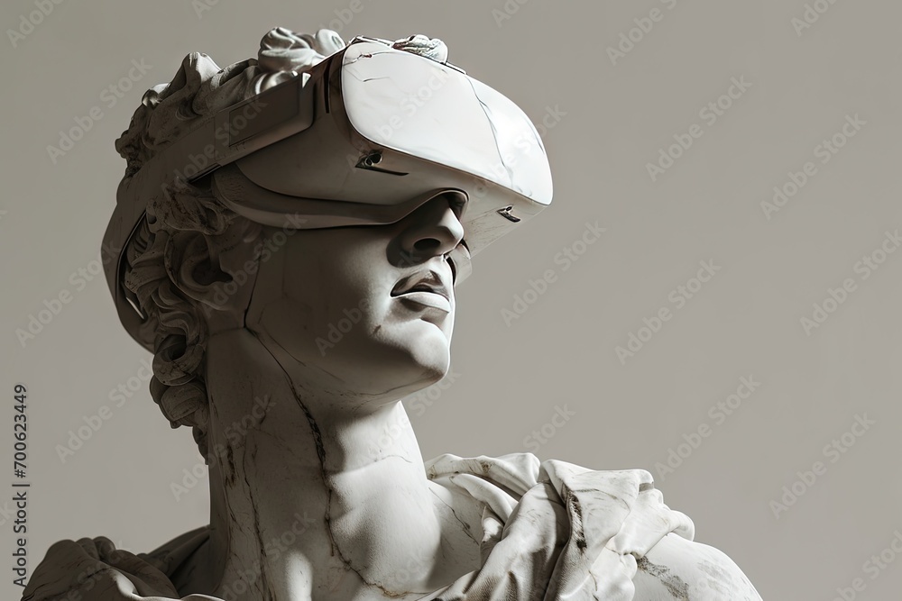 A stone stoic sculpture, statue of a person wearing a VR, virtual ...