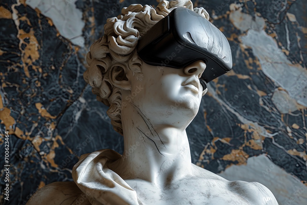 A stone stoic sculpture, statue of a person wearing a VR, virtual ...