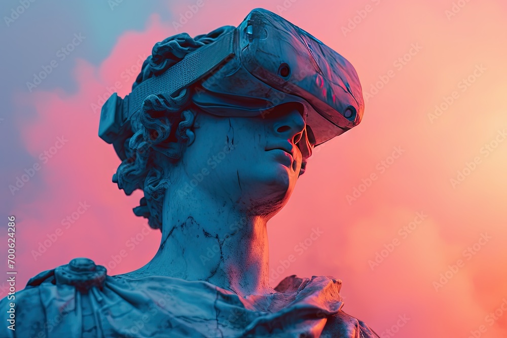 A stone stoic sculpture, statue of a person wearing a VR, virtual ...