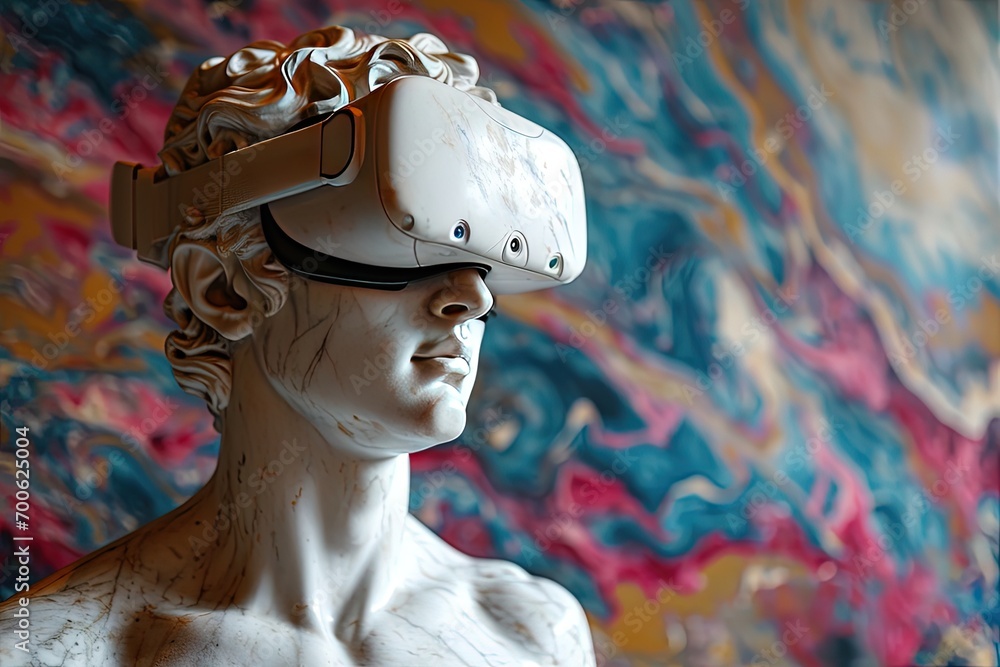 A stone stoic sculpture, statue of a person wearing a VR, virtual ...