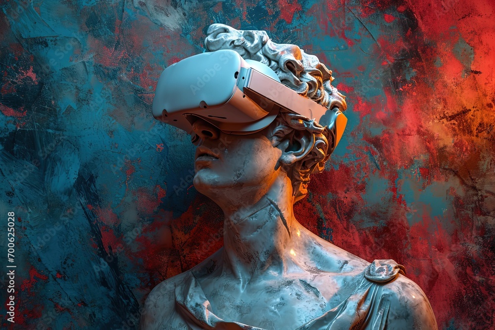 A stone stoic sculpture, statue of a person wearing a VR, virtual ...