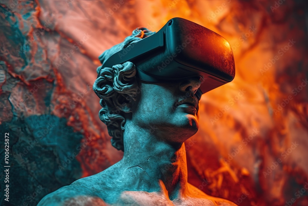 A stone stoic sculpture, statue of a person wearing a VR, virtual ...