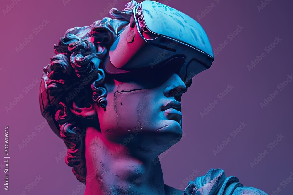 A stone stoic sculpture, statue of a person wearing a VR, virtual ...