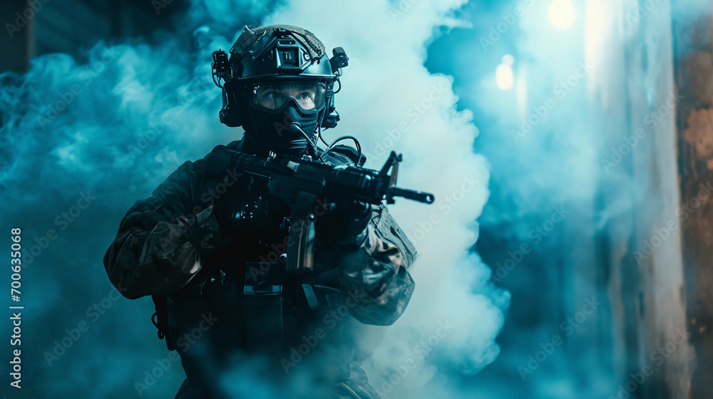 SWAT officer in tactical gear, action pose, amidst a smoke-filled room ...