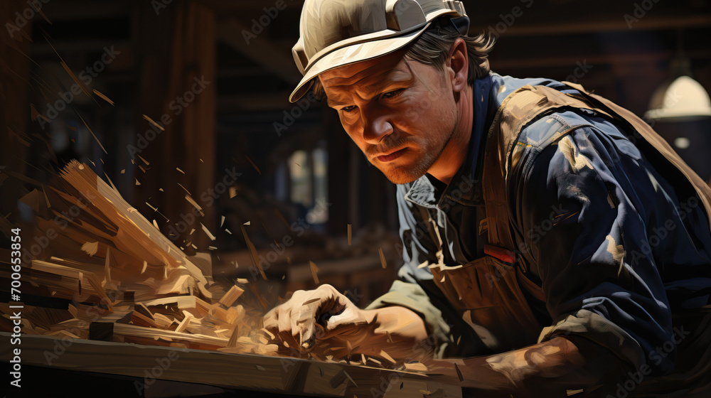 Timber Craftsman: Sawmill Worker Engaged in Intensive Labor, Sawdust ...