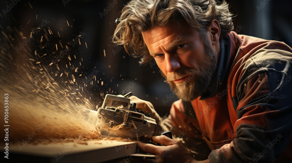 Timber Craftsman: Sawmill Worker Engaged in Intensive Labor, Sawdust ...
