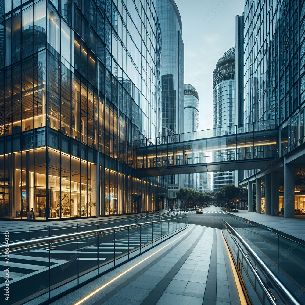 Urban City Street Concrete Sidewalk Level Shot of a Modern Business ...