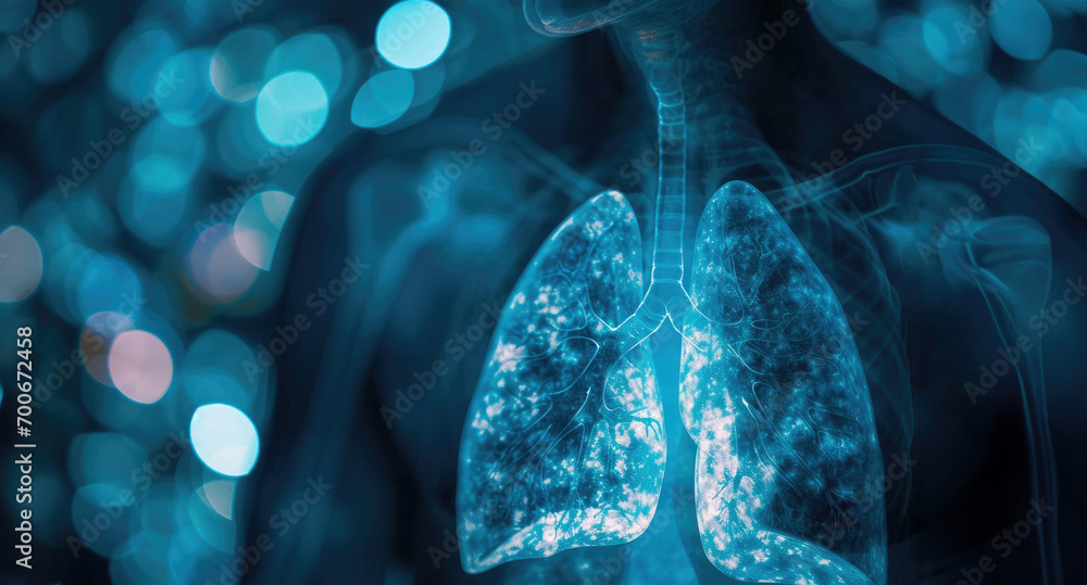 Projection of human lungs in 3D body model, lungs highlighted in blue ...