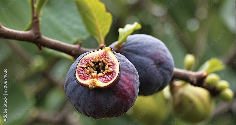 fig A detailed close-up of a fig tree branch laden with plump figs ...