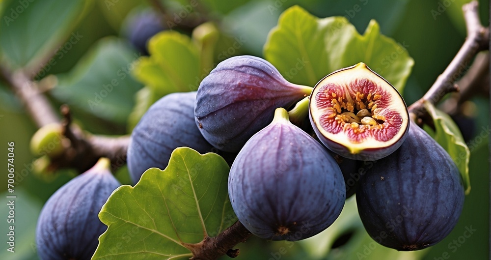 fig A detailed close-up of a fig tree branch laden with plump figs ...