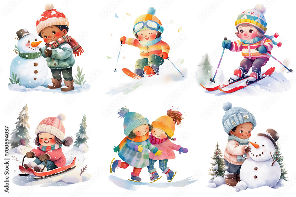 Cartoon happy kids activities during the winter seasons. Watercolor ...