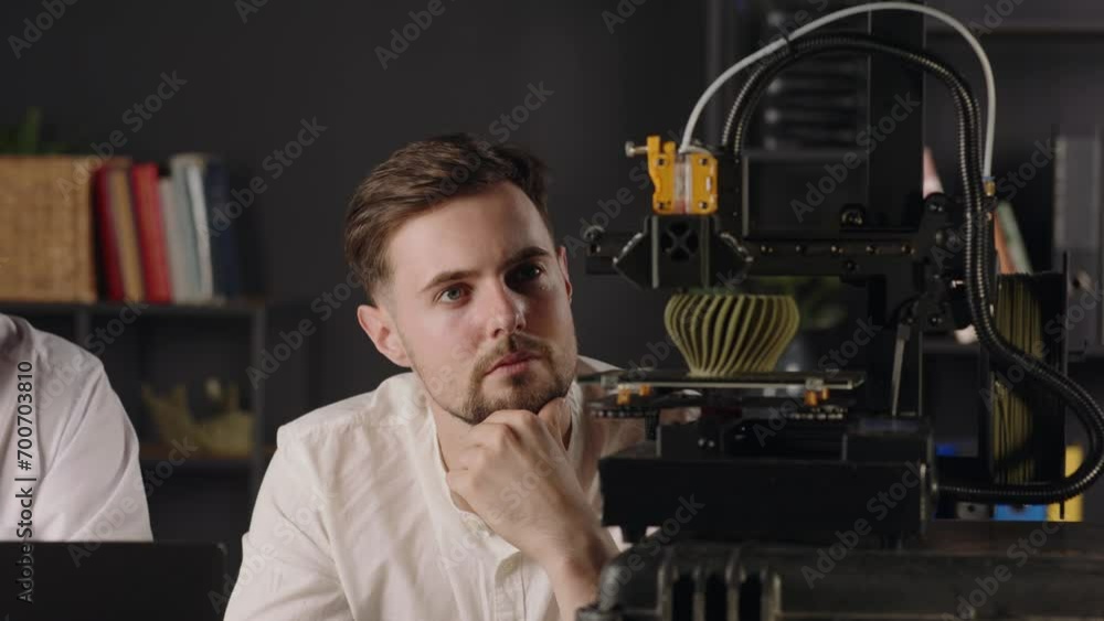 A concentrated young guy mechanical engineer with interest observes the ...