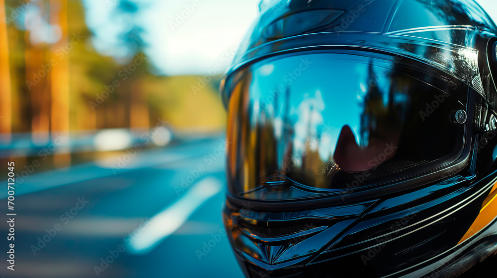 Motorcycle helmet with reflection of road and trees in the visor ...