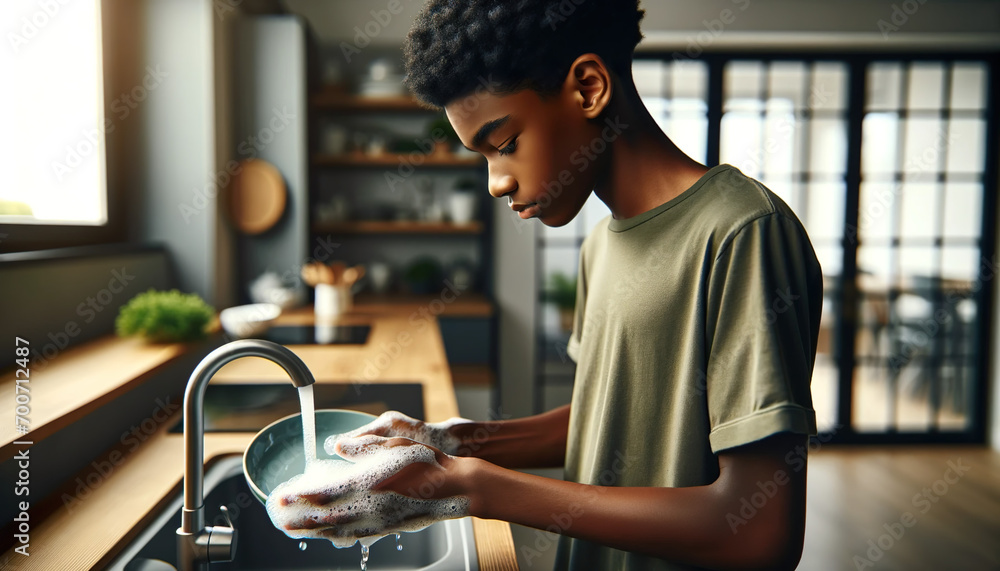 Young African American boy teenager washing dishes at home. Helping out with household chores ...