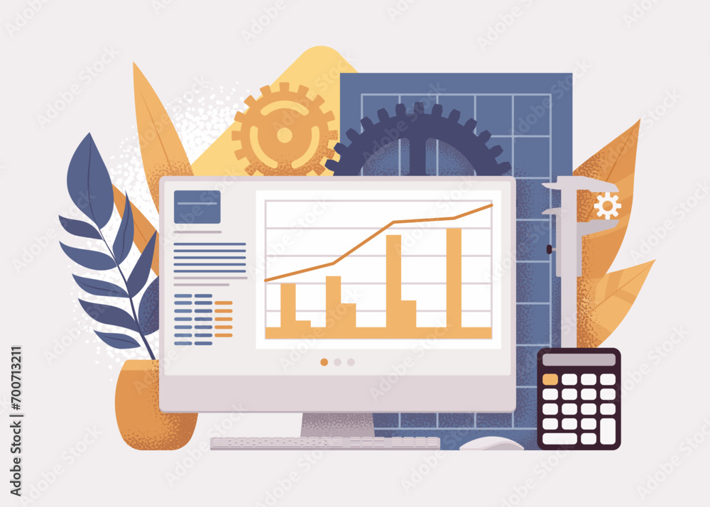 PC monoblock screen with engineering industry financial graphs ...