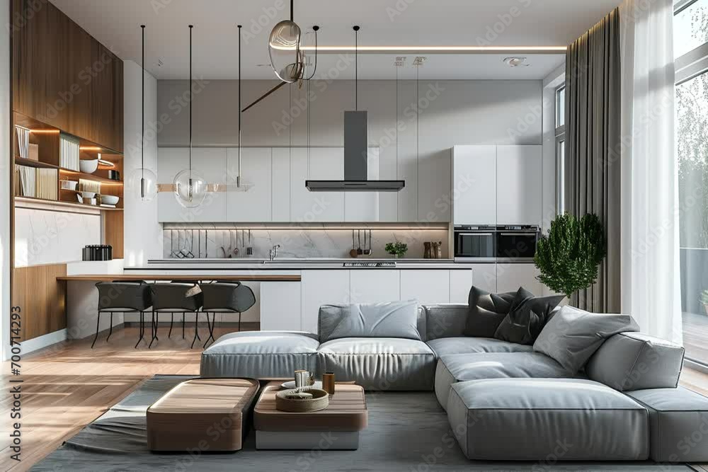 A modern minimalist home interior design with clean lines, sleek ...