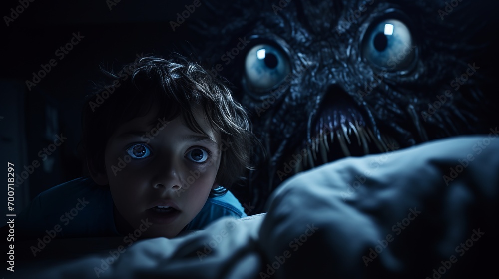 Frightened little boy lies awake in bed due nightmarish dream ...
