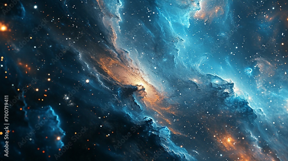 A celestial-themed blue background with stars and galaxies, creating a ...
