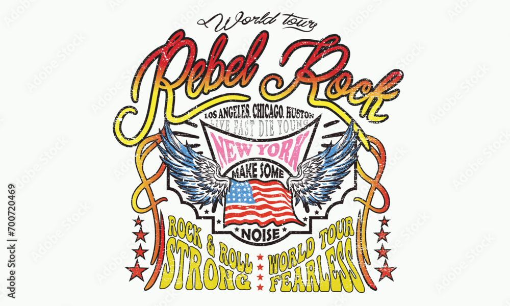 Rock and roll with wing logo artwork for apparel and others. USA flag ...